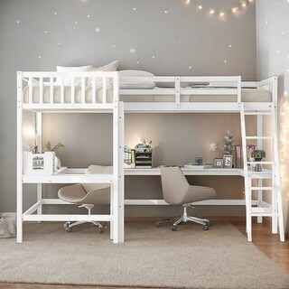 [2 Beds in 1] Wood Twin Size L-Shaped Loft Bed with Ladder and 2 Built ...